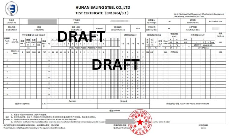 Material Test Certification | BALING STEEL CO.,LTD